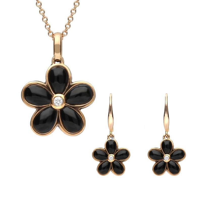 18ct Rose Gold Whitby Jet Diamond Flower Two Piece Set D | British ...