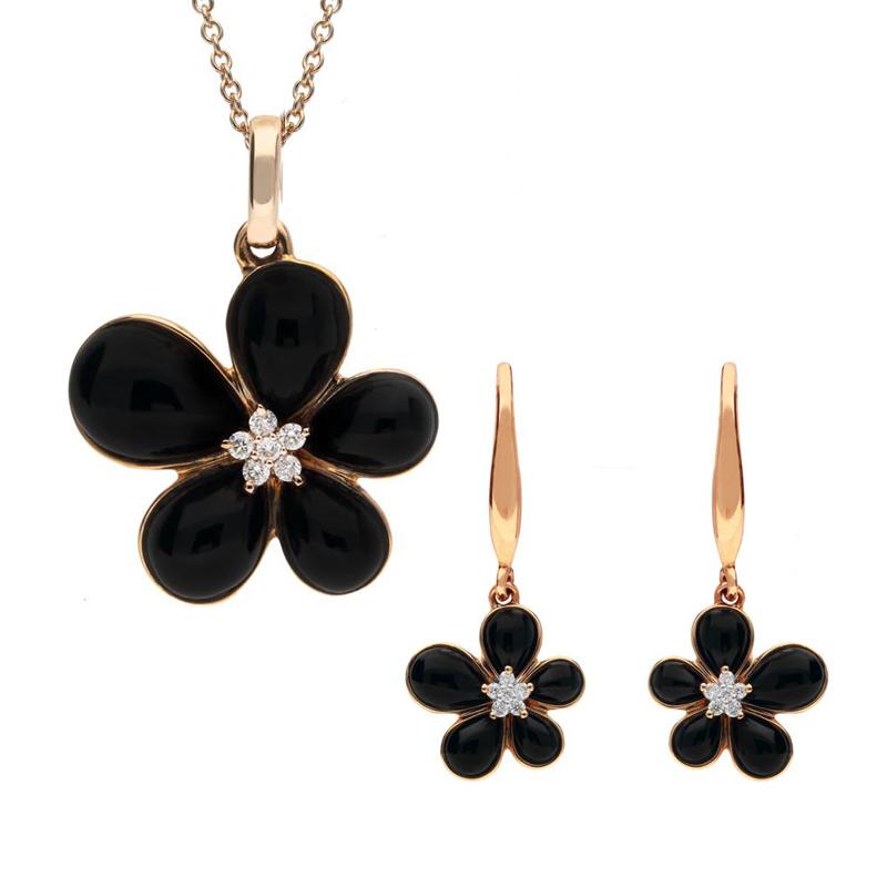 18ct Rose Gold Whitby Jet Diamond Large Flower Two Piece Set D ...