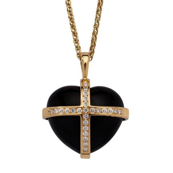 18ct Yellow Gold Whitby Jet 0.37ct Diamond Large Cross Heart Necklace ...