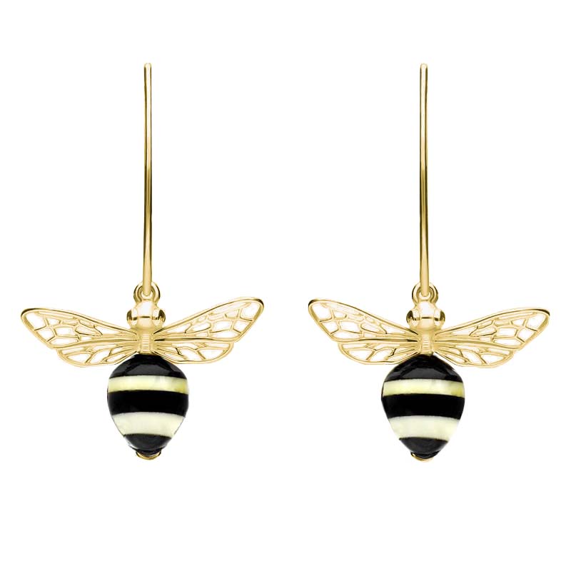 9ct Yellow Gold Amber Whitby Jet Bee Small Hook Earrings | British ...