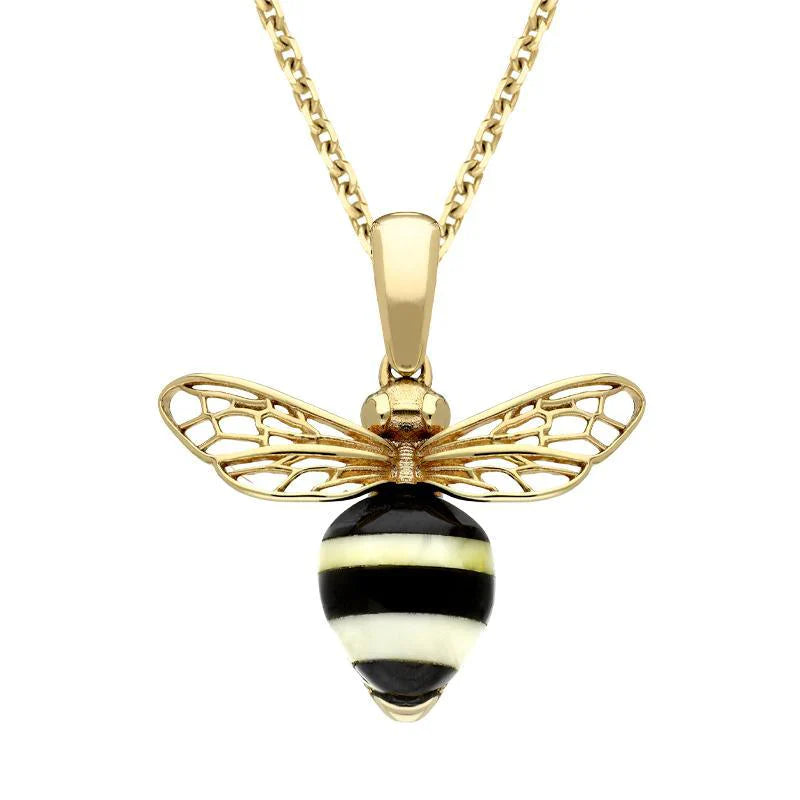 9ct Yellow Gold Whitby Jet Amber Winged Bee Necklace | British Diamond ...
