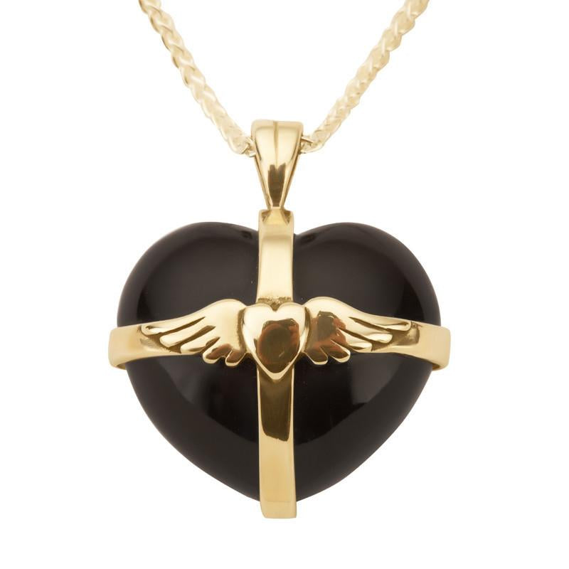 9ct Yellow Gold Whitby Jet Medium Winged Cross Heart Necklace | British ...