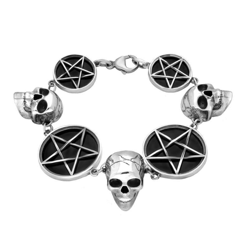 Sterling Silver Whitby Jet Skulls and Round Pentagram Bracelet ...