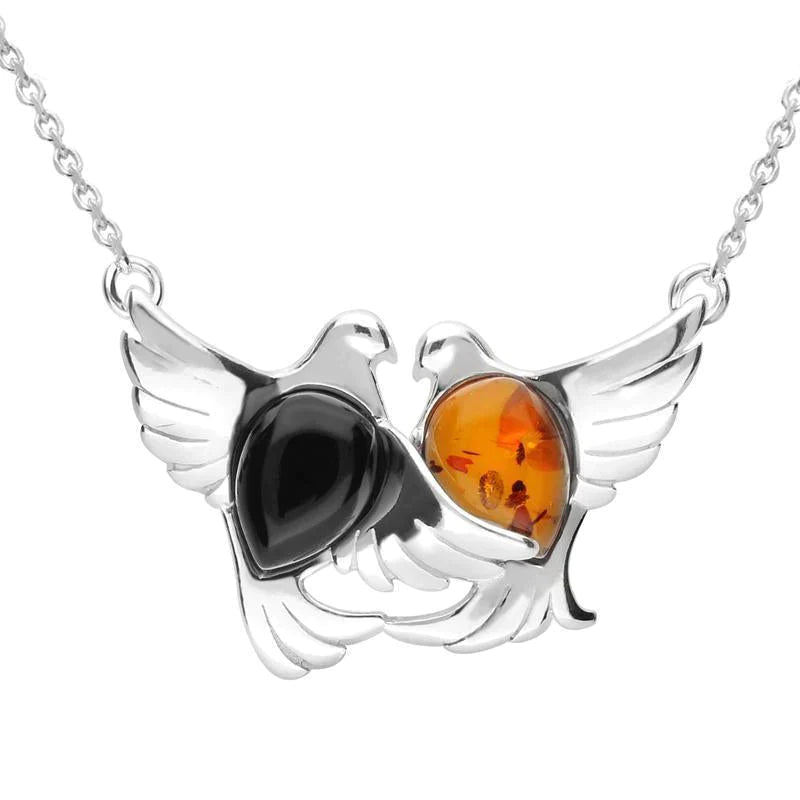 Sterling Silver Whitby Jet Amber Two Stone Bird Necklace | British ...