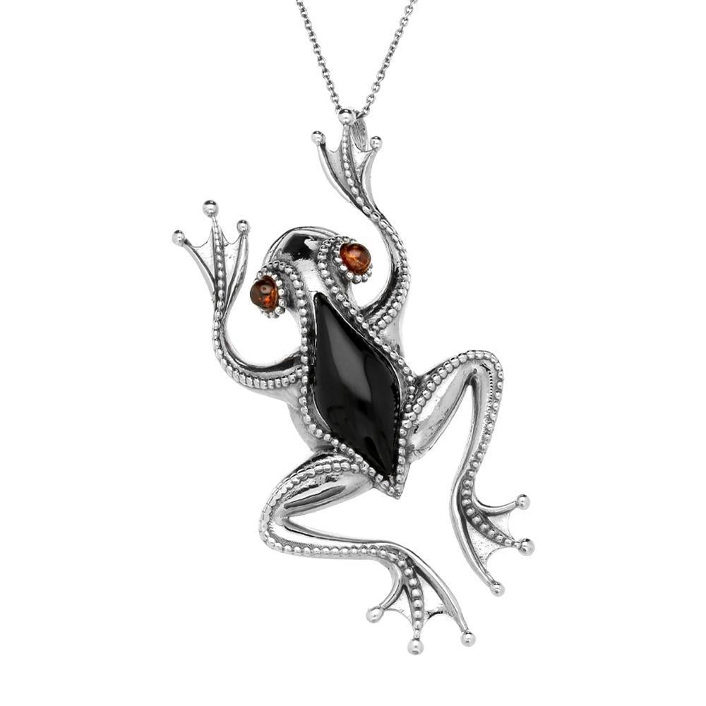 Sterling Silver Whitby Jet Amber Bead Detail Large Frog Necklace ...