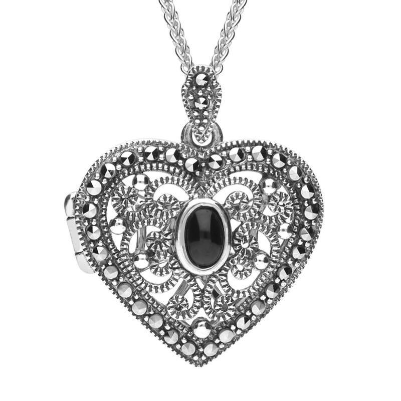 Sterling Silver Whitby Jet Marcasite Heart Locket Necklace | British ...