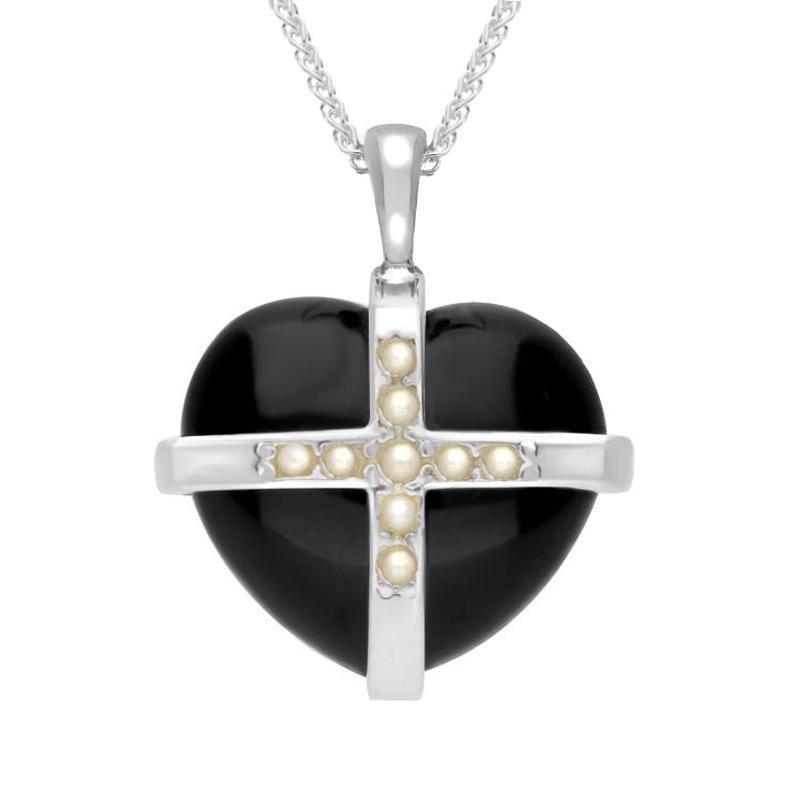 Sterling Silver Whitby Jet Nine Pearl Medium Cross Heart Necklace ...