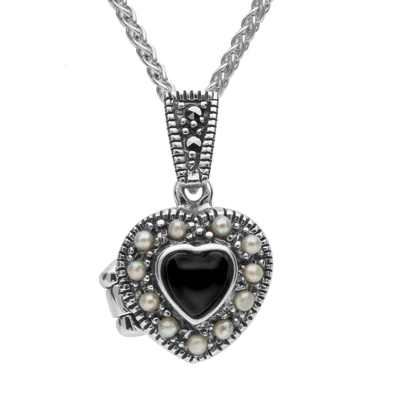 Sterling Silver Whitby Jet Pearl Small Bead Edge Heart Locket | British ...