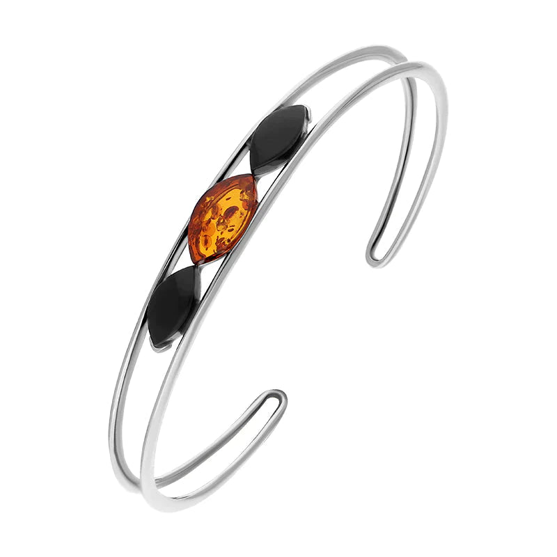 Sterling Silver Whitby Jet Amber Three Stone Marquise Cuff Bangle ...